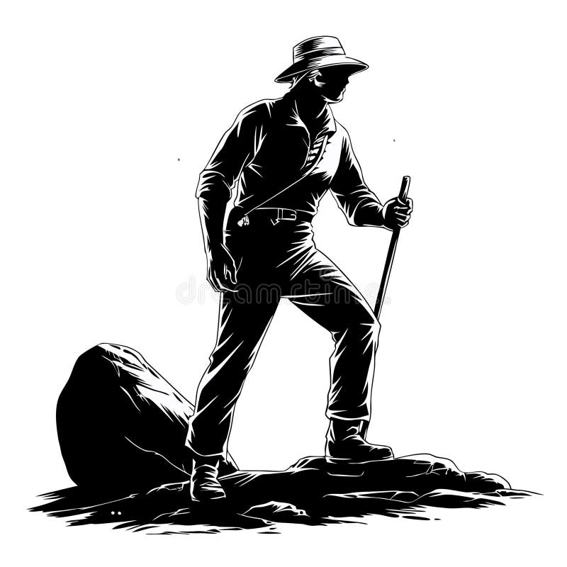Adventurous Explorer Silhouette with Walking Stick on Rocky Terrain ...
