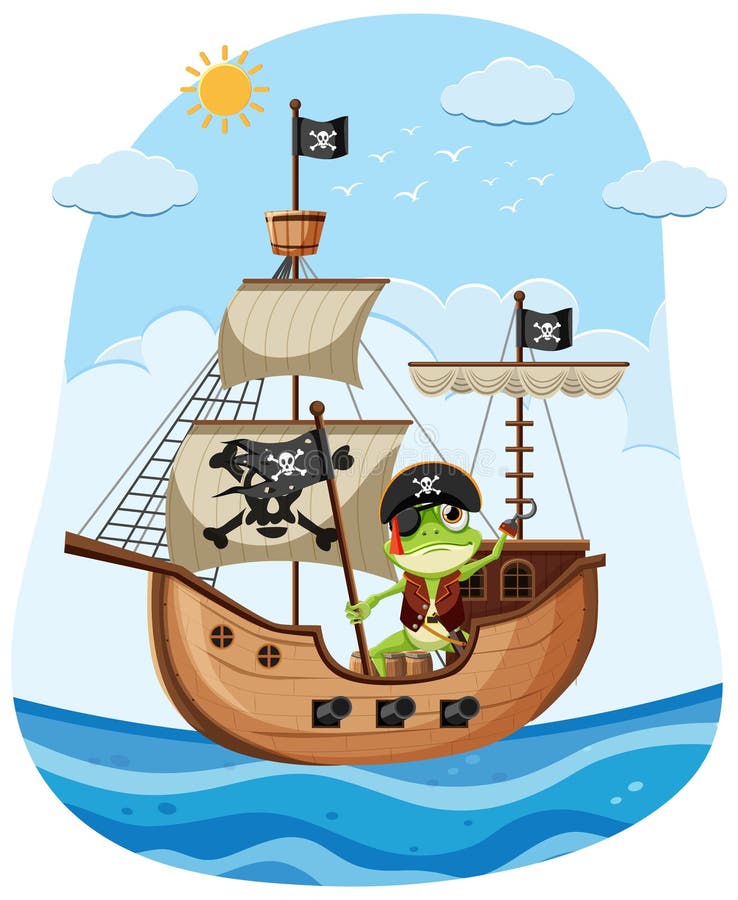 Adventurous Frog on Pirate Ship Stock Vector - Illustration of drawing ...