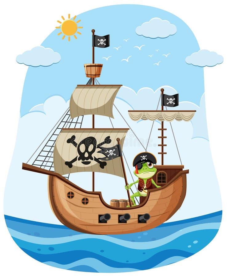 Adventurous Frog on Pirate Ship Stock Vector - Illustration of drawing ...