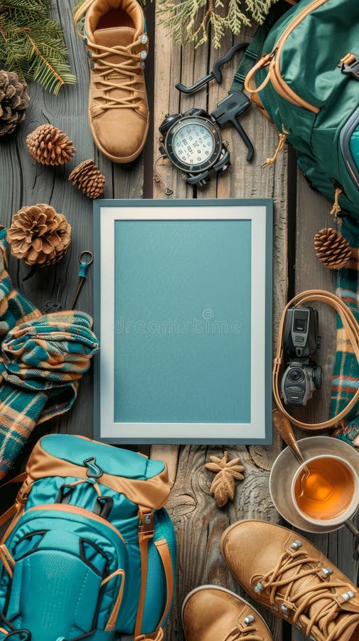 Adventurous Gear Flat Lay Hiking Boots, Backpack, Compass, Map, Camera ...