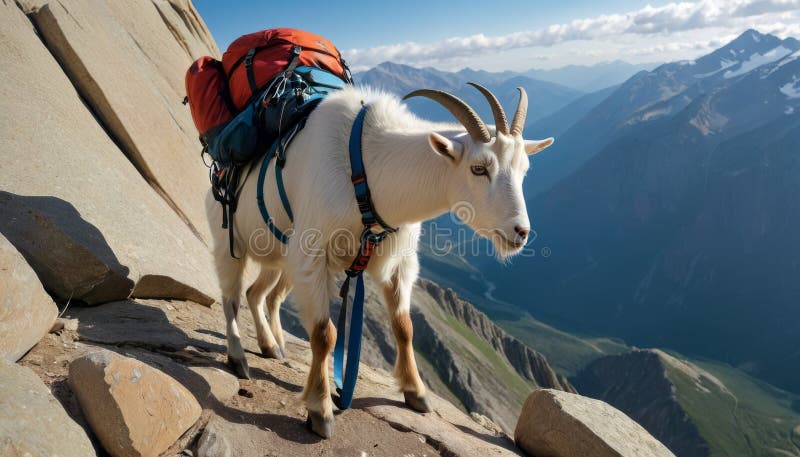 Mountain-Climbing Goat with Backpack Stock Image - Image of goat ...
