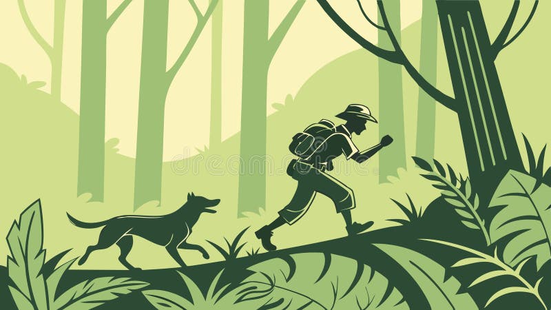 Adventurous Hiker and Dog Exploring a Dense Forest Path, Vector Design ...