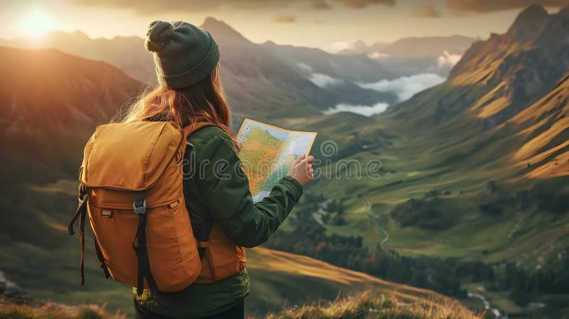 Adventurous Hiker Exploring Scenic Mountain Landscape during Sunrise ...