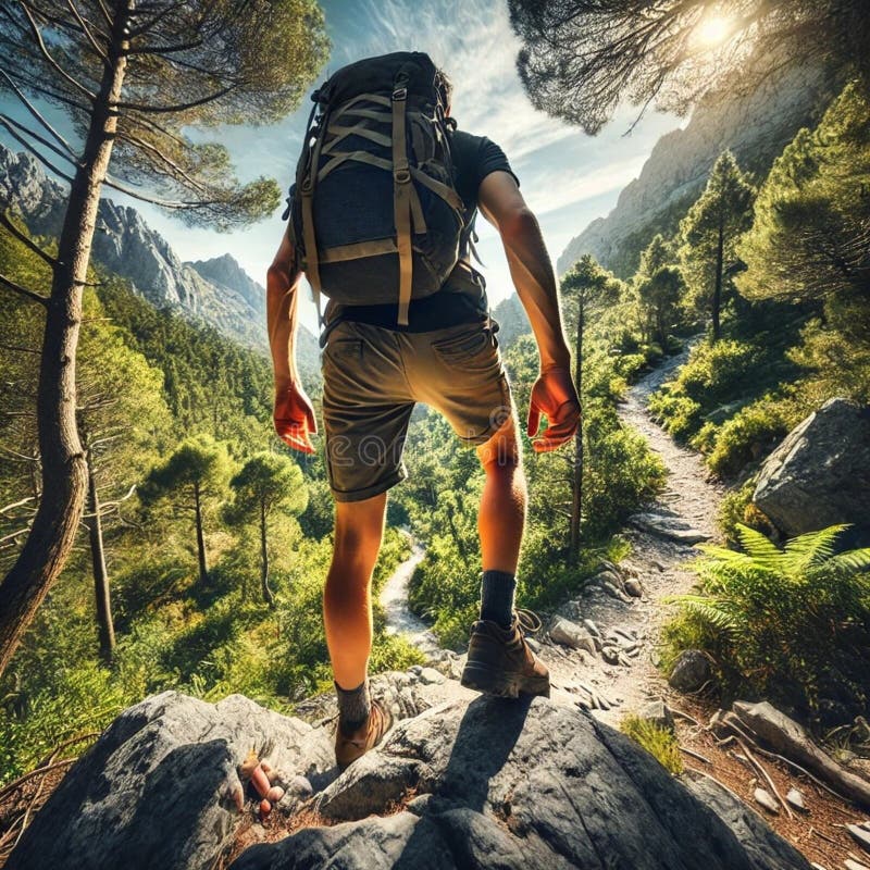 Adventurous Hiker Exploring a Scenic Mountain Trail Stock Illustration ...