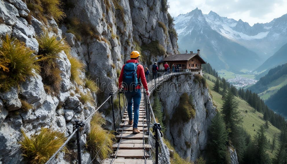 Adventurous Hiker on Mountain Cliffside Path Stock Illustration ...