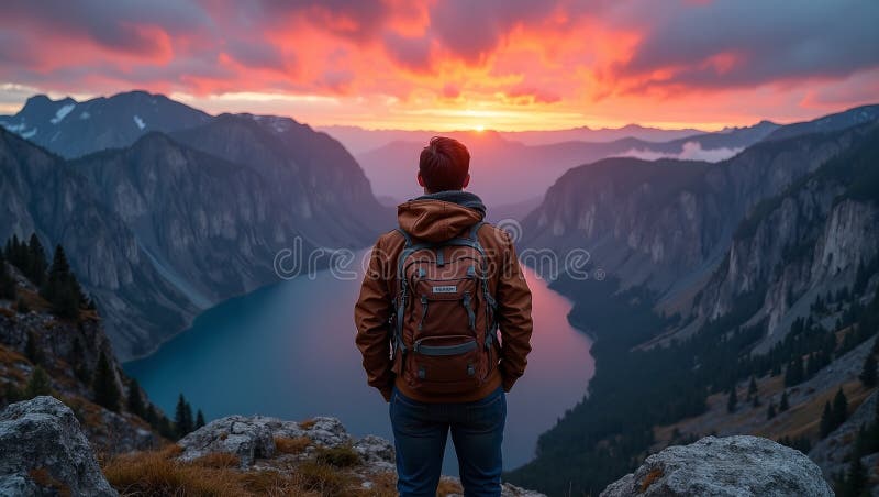 Adventurous Hiker on Rocky Ledge Overlooking Misty Canyon and Blue Lake ...