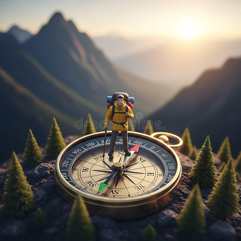Adventurous Hiker Standing on a Compass in the Mountain Landscape Stock ...
