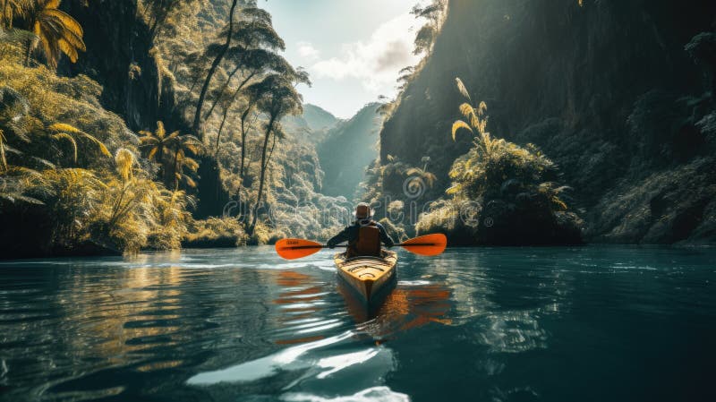 Adventurous Kayaking in a Remote River Surrounded by Dense Forest Stock ...