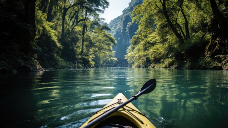 Adventurous Kayaking in a Remote River Surrounded by Dense Forest Stock ...