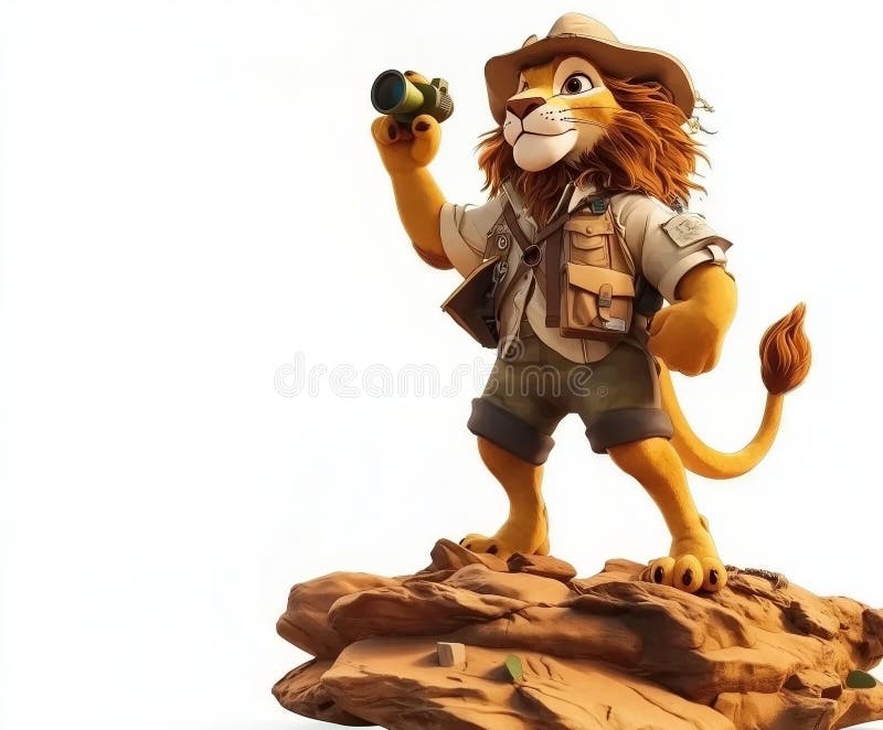 Adventurous Lion Explorer Using Binoculars on Rocky Terrain Stock ...