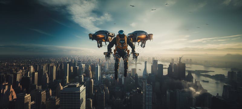 Adventurous Man Soaring Over the City with a Jetpack Stock Illustration ...