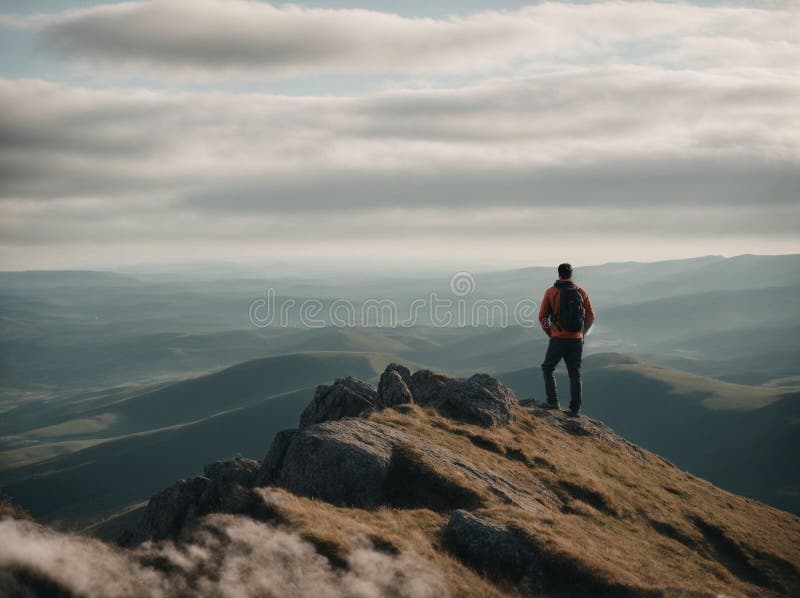 Adventurous Man Standing on Mountain Summit with Backpack. Generative ...