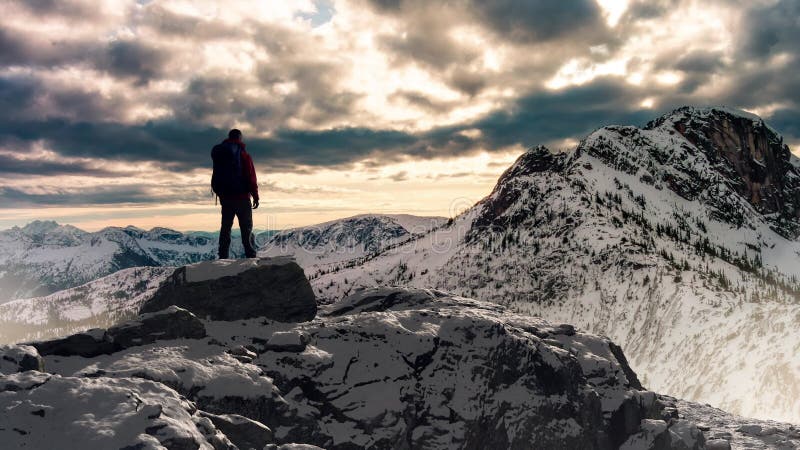 Adventure Man Hiker Standing on Top of Rocky Cliff. 3d Rendering Peak ...