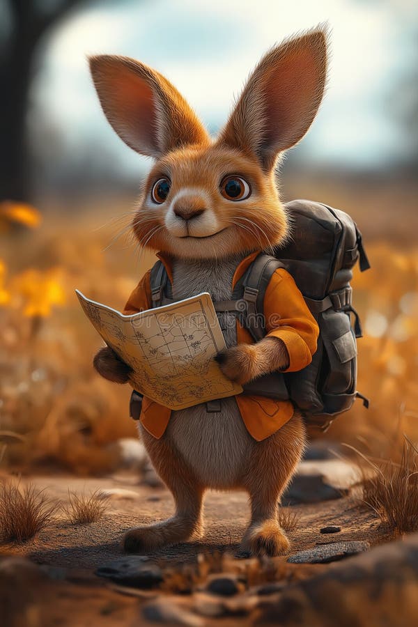 Adventurous Rabbit Hiking and Reading Map with Backpack in Nature Stock ...