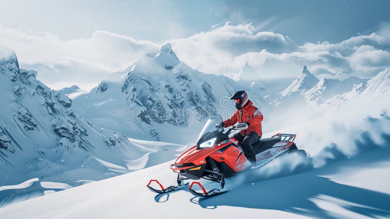 Adventurous Snowmobiler in Red Jacket Racing through Alpine Mountains ...