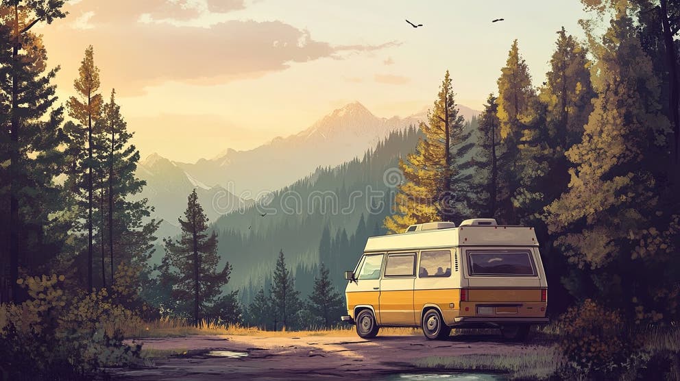 Adventurous Travel Scene with a Camper Van by the Forest. Stock Photo ...