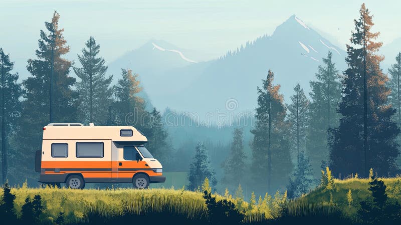 Adventurous Travel Scene with a Camper Van by the Forest. Stock Image ...