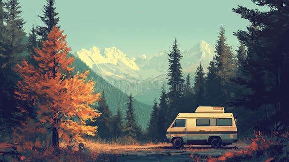 Adventurous Travel Scene with a Camper Van by the Forest. Stock Photo ...