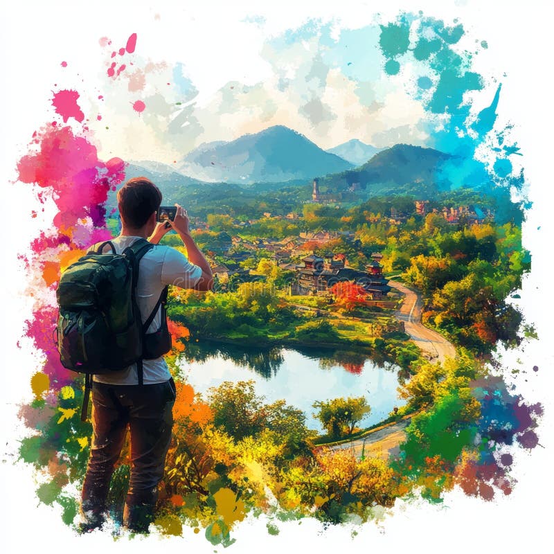 An Adventurous Traveler with a Backpack Captures a Stunning Mountain ...