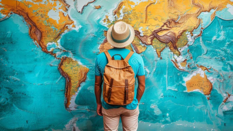 Adventurous Traveler with Backpack Poses Against World Map Backdrop in ...