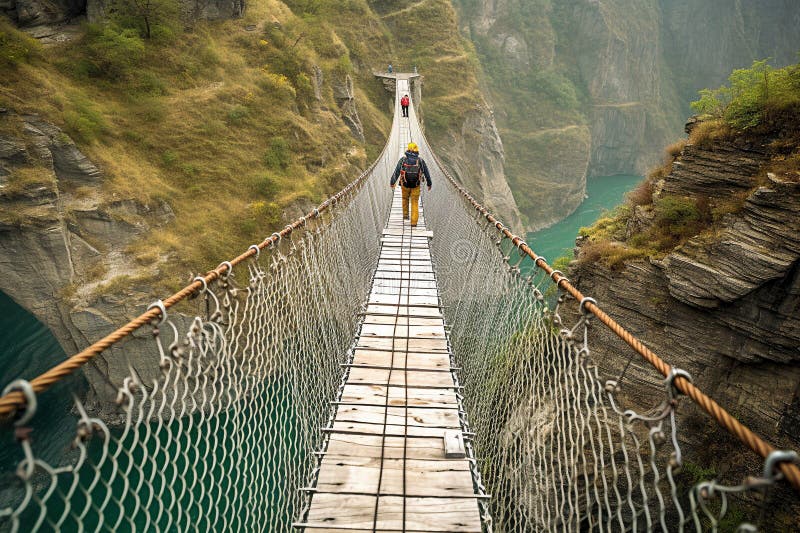 Adventurous Traveler Crossing Rope Bridge Over Deep Valley - AI ...