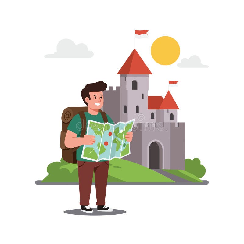 Adventurous Traveler Exploring a Medieval Castle Landscape in Flat ...