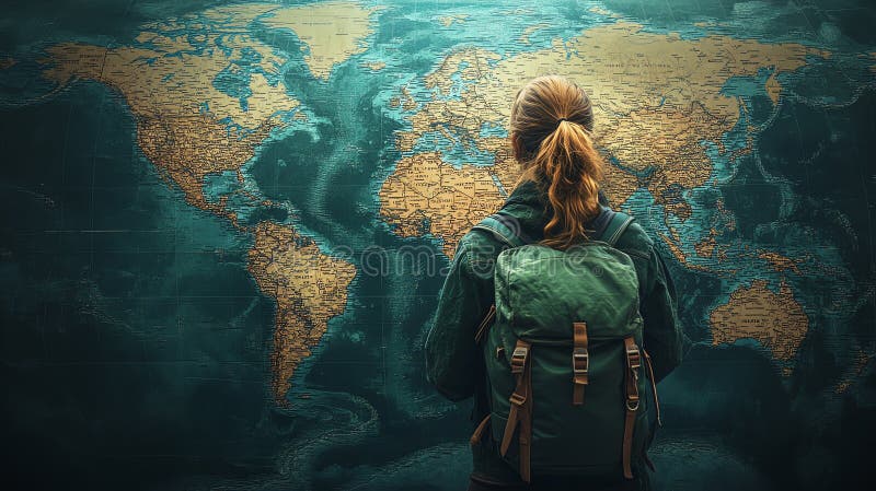 Adventurous Traveler Gazing at a World Map, Dreaming of Future ...