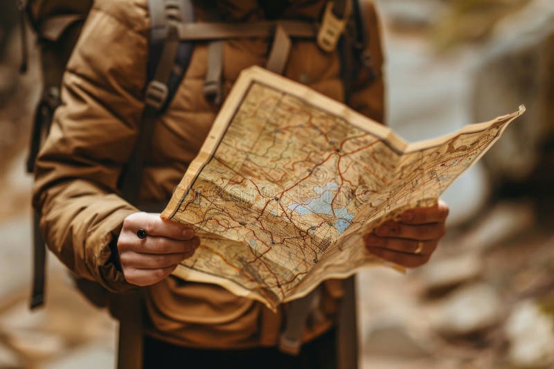 Adventurous Traveler with Oversized Backpack Navigating with Map in ...