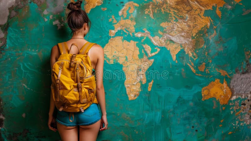 Adventurous Traveler Posing with Backpack Against World Map in Studio ...