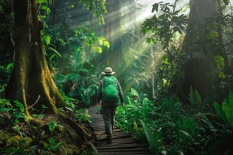 Adventurous Trekker Exploring Lush Sunlit Rainforest Jungle Path Stock ...