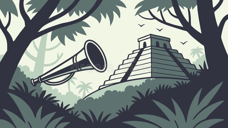 Trumpet in a Tropical Jungle with Ancient Pyramids, Vector Design ...