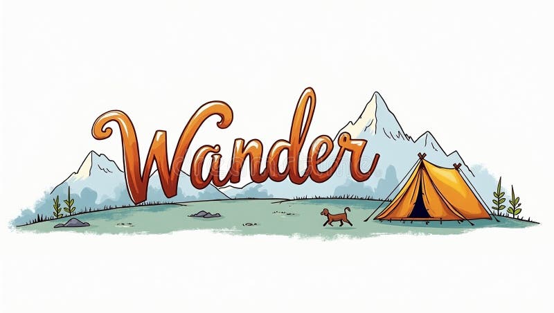 Adventurous Wander Script with Mountains and Tent Sketch Stock ...