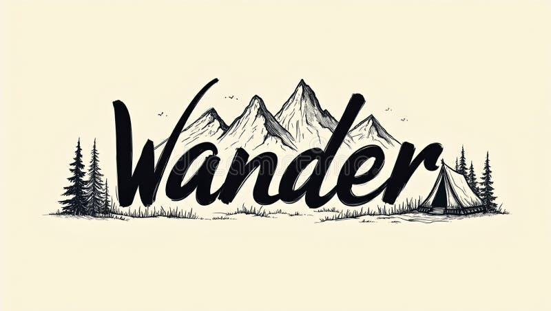 Adventurous Wander Script with Mountains and Tent Sketch Stock ...
