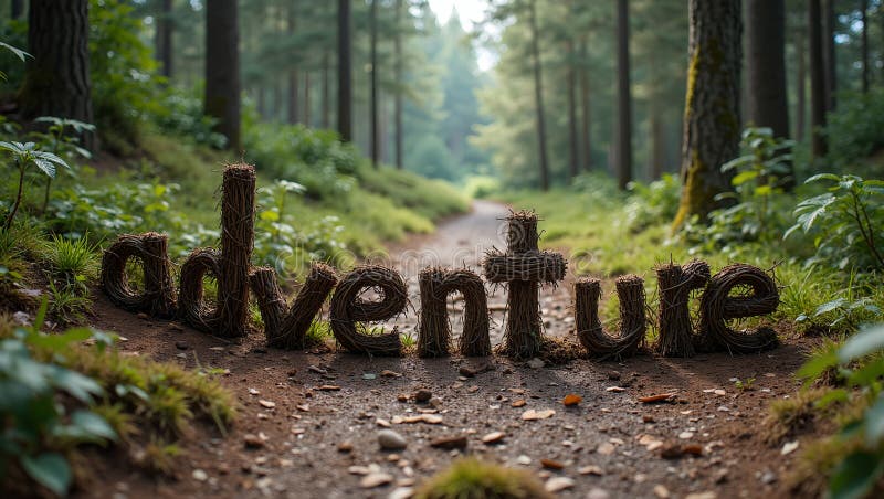 Adventurous Word Made of Twigs on Forest Trail Stock Illustration ...