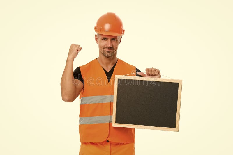 Advertisement Concept. Builder Enjoy Success. Strong Handsome Builder ...
