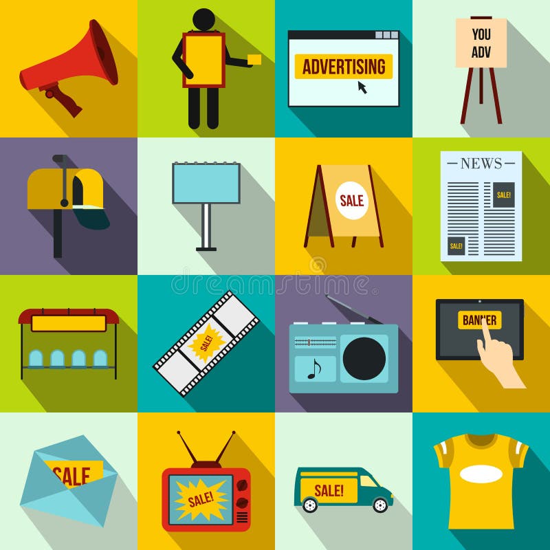 Advertisement Icons Set, Flat Style Stock Vector - Illustration of ...