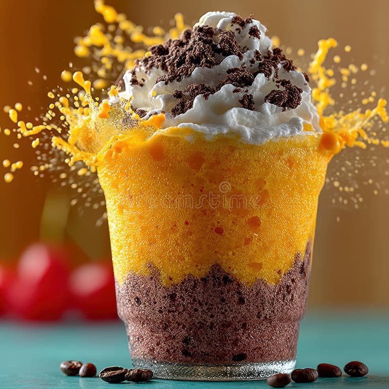 Advertisement for a Layered Drink with an Exploding Yellow Top Layer Resembling Chocolate ...