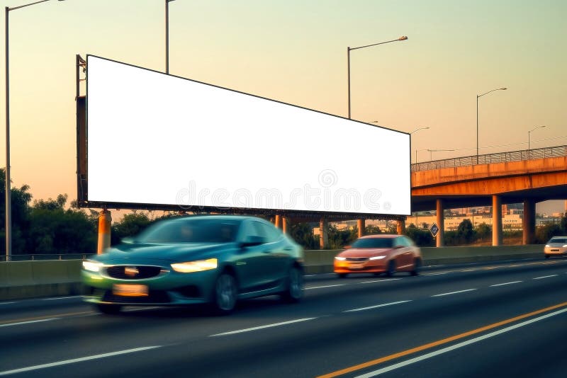 Advertising Billboard White Screen beside the Expressway with Car ...