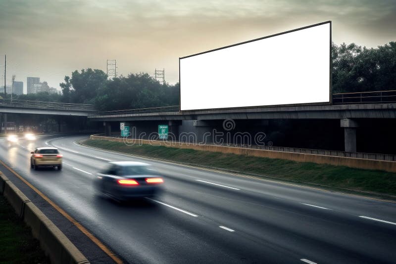 Advertising Billboard White Screen beside the Expressway with Car ...