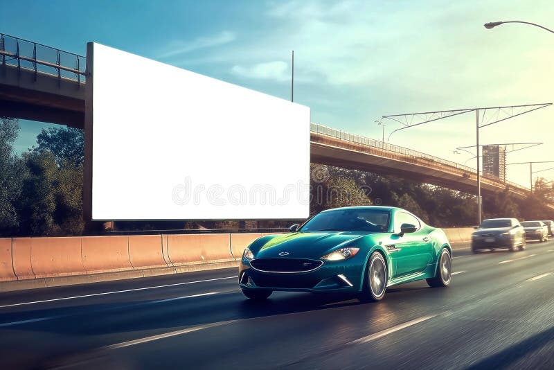 Advertising Billboard White Screen beside the Expressway with Car ...