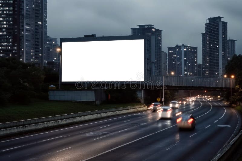 Advertising Billboard White Screen beside the Expressway with Car ...
