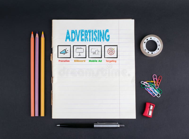 Advertising Concept. Line Notebook on a Black Office Desk Stock Photo ...