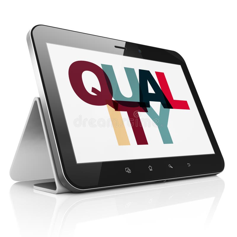 Advertising Concept: Tablet Computer with Quality on Display Stock ...