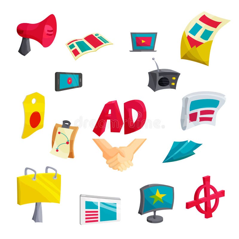 Advertising Icons Set, Cartoon Style Stock Vector - Illustration of ...