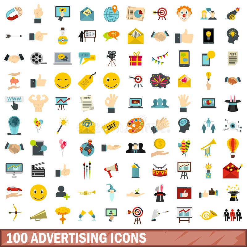 100 Advertising Icons Set, Flat Style Stock Vector - Illustration of ...