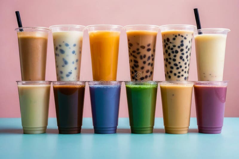 Advertising Image, Bright Cups of Bubble Tea Standing in a Row on a ...