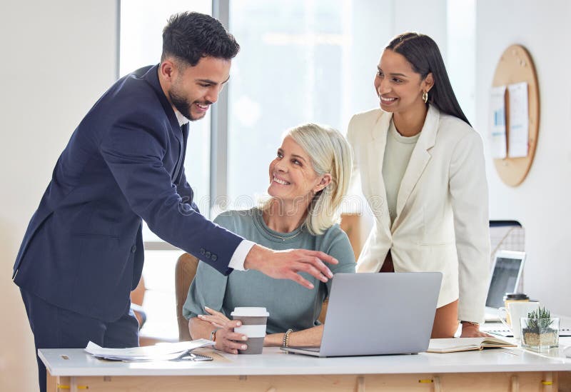 Advice, Help and Teamwork with Business People at Laptop for Project ...