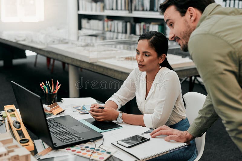 Advice, Laptop and Business People at Desk for Architecture, Project ...