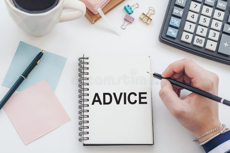 Advice Word Written on Notebook. Top View Business Concept Stock Photo ...