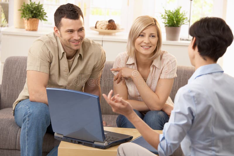 Advisor and Couple in Discussion Stock Photo - Image of explaining ...